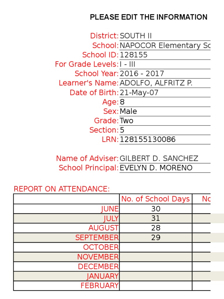 Deped Form 138-E Division of Iligan City - (User-Editable Entry) | PDF ...