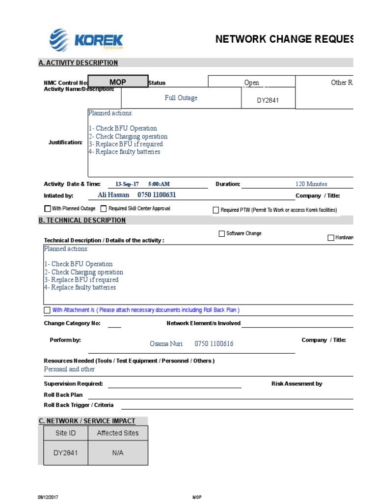 Network Change Request / New Mop Form: Open Other Ref No | PDF ...