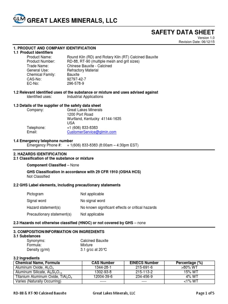 Safety Data Sheet Bauxite | PDF | Dangerous Goods | Toxicity