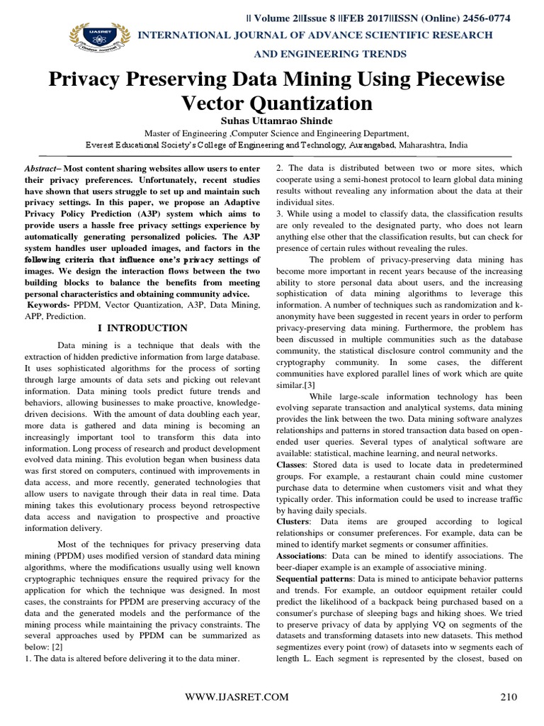 Privacy Preserving Data Mining Using Piecewise Vector Quantization Pdf Data Mining Cluster