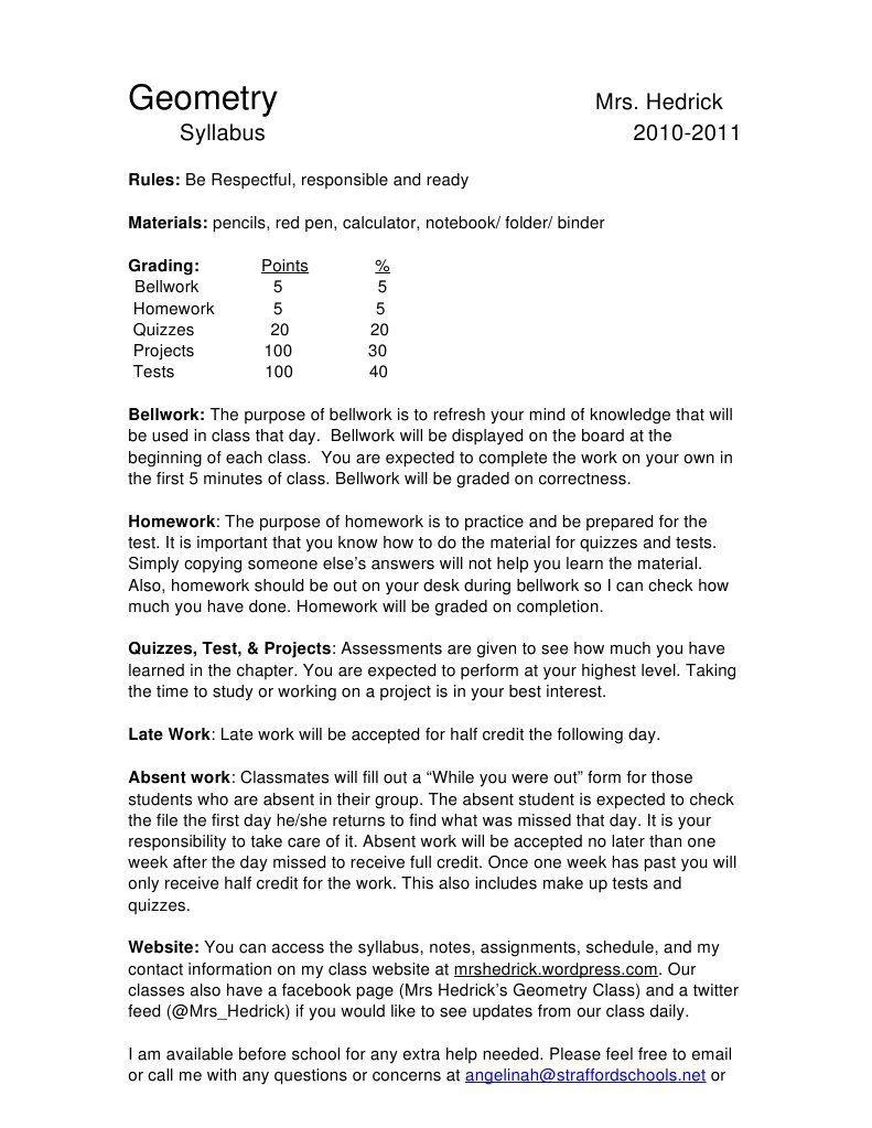 Geometry Syllabus | PDF | Homework | Behavior Modification
