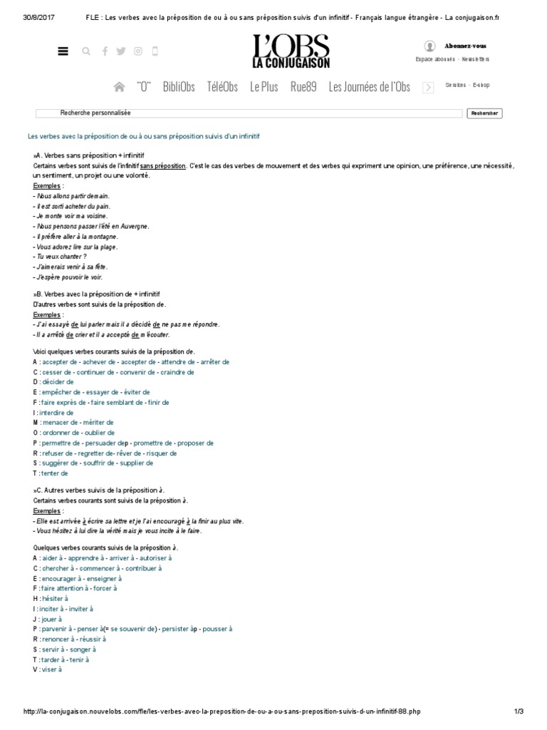 FLE - Les Verbes Avec La Préposition de Ou À Ou Sans Préposition Suivis ...