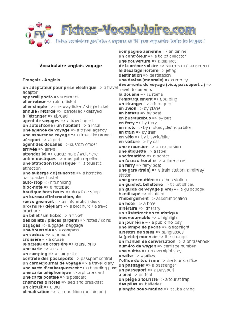 Vocabulaire Du Voyage en Anglais
