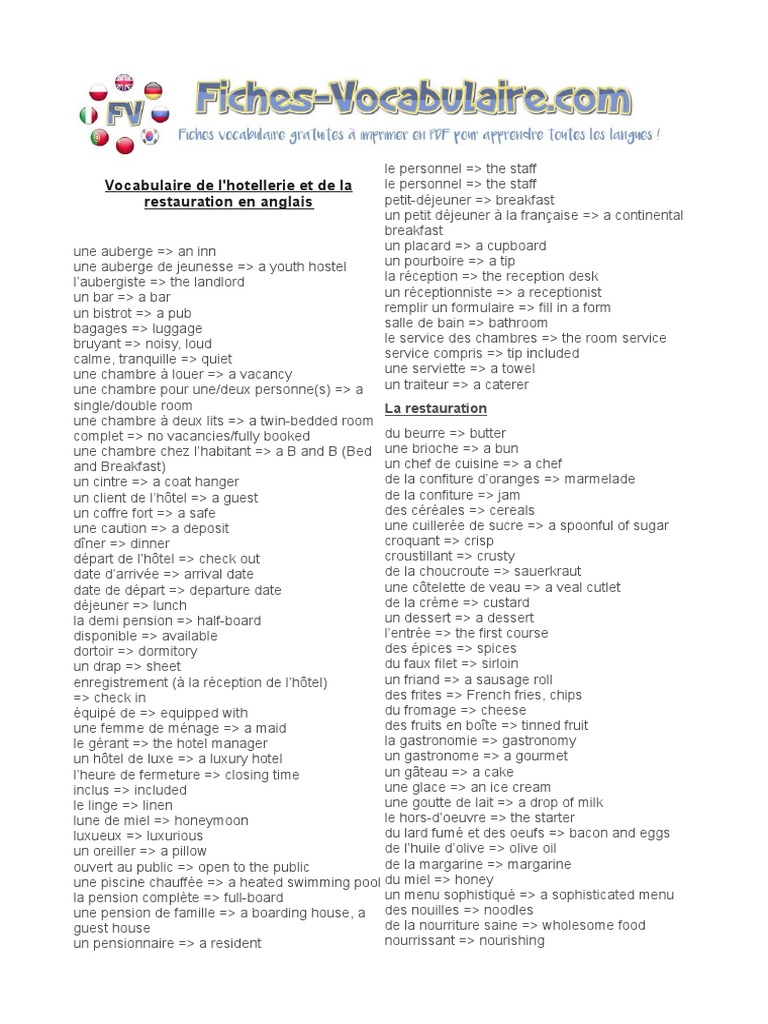Vocabulaire Hotellerie Restauration Anglais | PDF | Cuisine | Nourritures