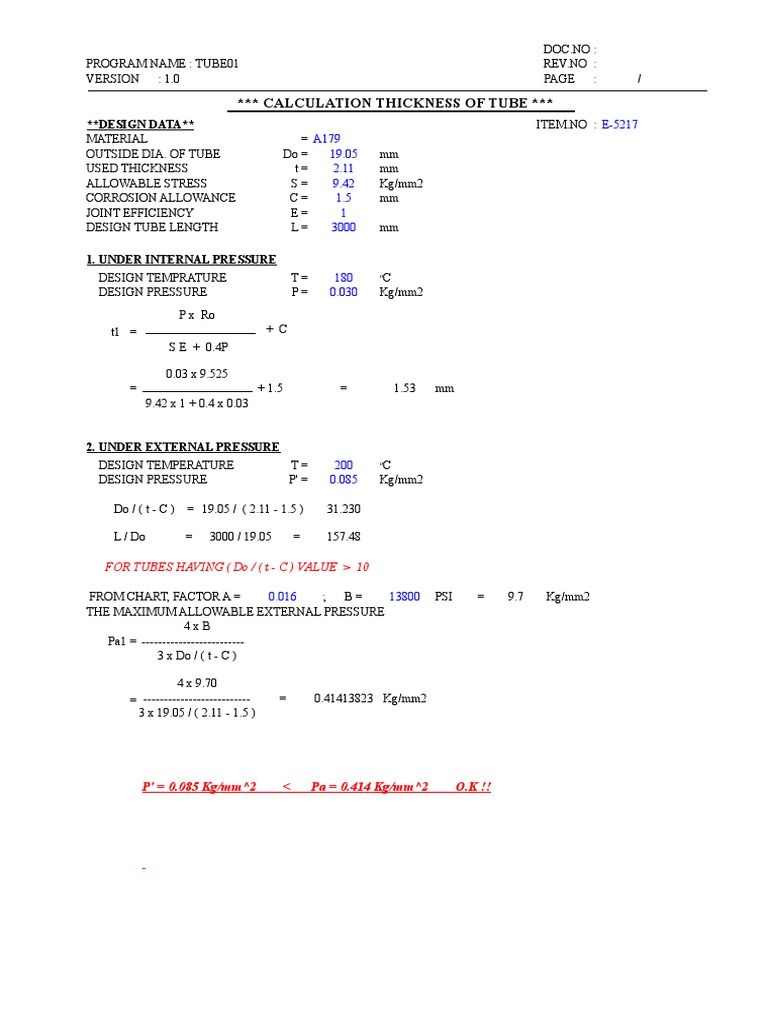 Calculation Thickness of Tube : Design Data | PDF | Mechanical ...