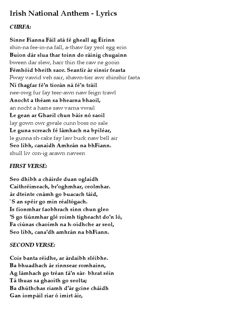 Terrific Lyrics Of The Irish National Anthem Photos