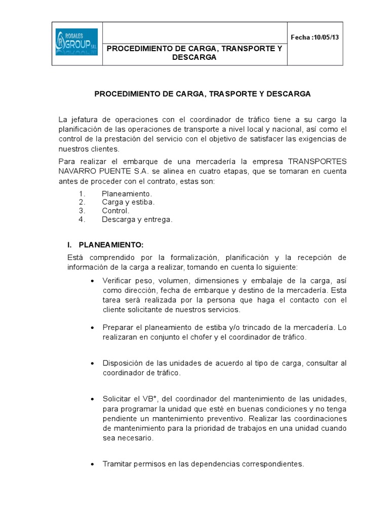 Procedimiento de Carga, Transporte y Descarga para Verlo | PDF | Planificación | Transporte