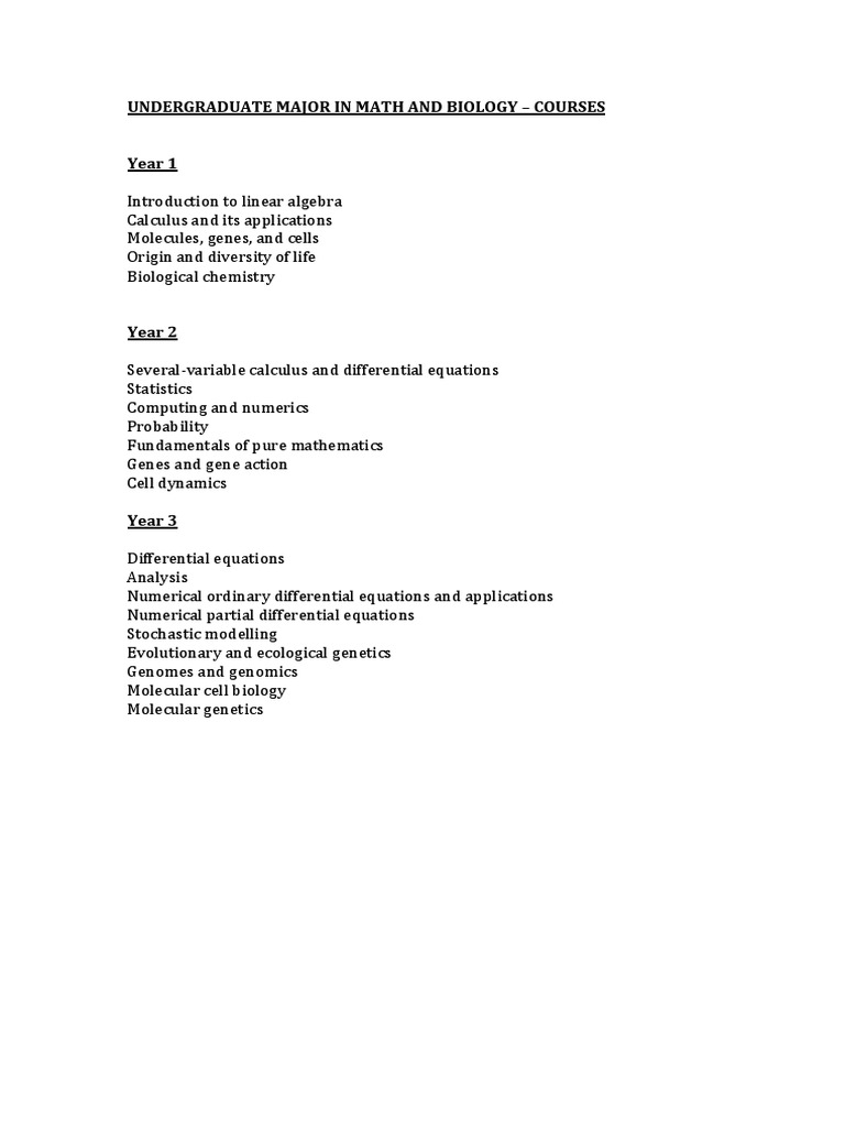 Math and Biology Major Courses | PDF