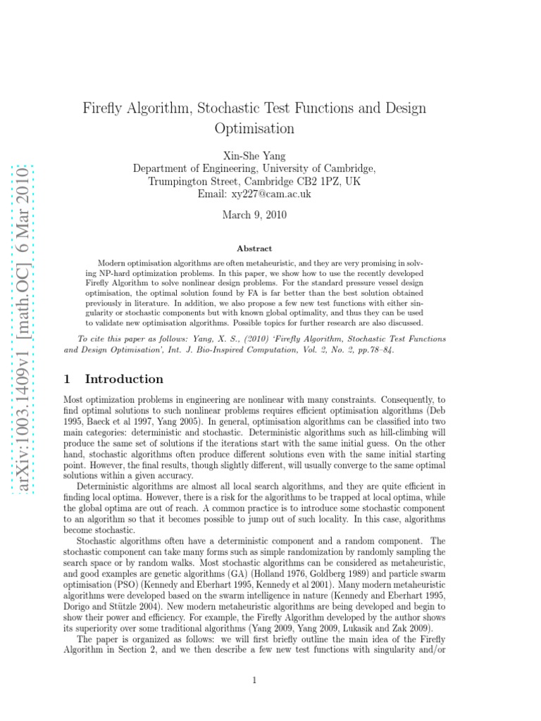 Firefly Algorithm Stochastic Test Functions And Design Optimisation Pdf Metaheuristic