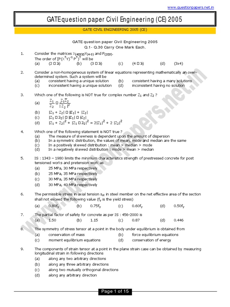 GATE 2005 CE - Civil Engineering Previous Year Question Paper With ...
