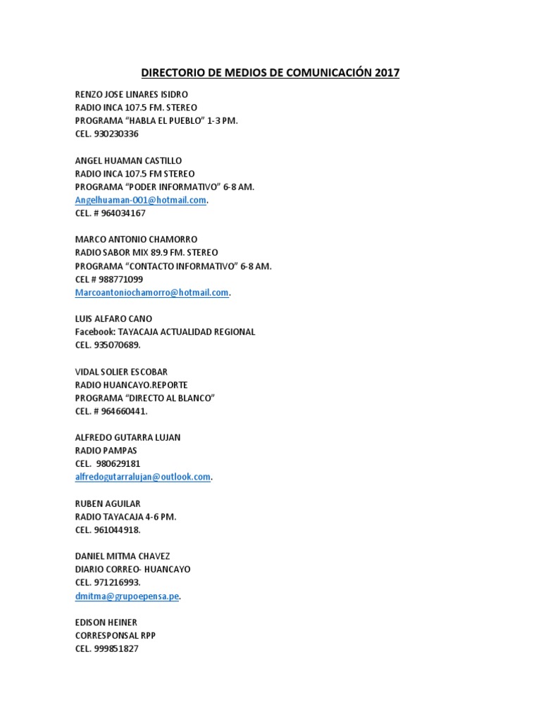 Directorio de Medios 2017 en Huancayo | PDF