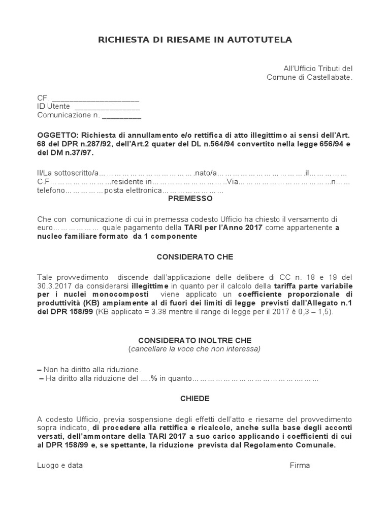 Richiesta Ricalcolo TARI 1 | PDF