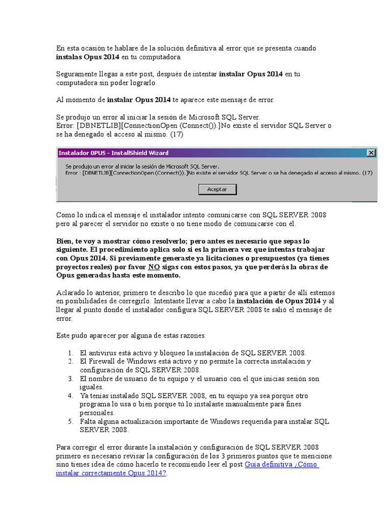 Solución al error de instalación de Opus 2014 | PDF | Servidor SQL de ...