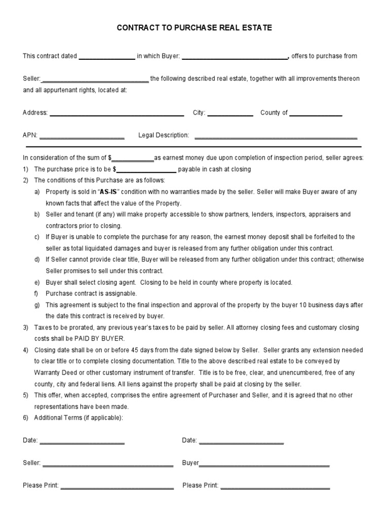 One Page Contract Purchase Fillable | PDF | Deed | Sales