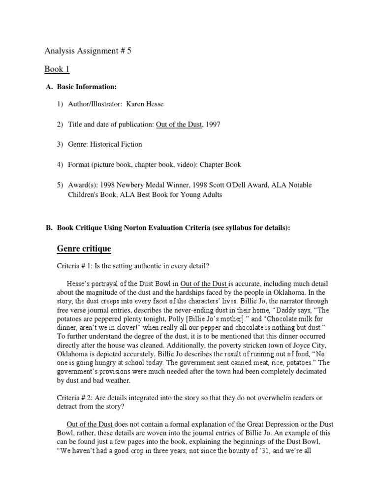 Analysis Assignment # 5 Book 1: A. Basic Information | PDF | Dust Bowl | Children's Literature