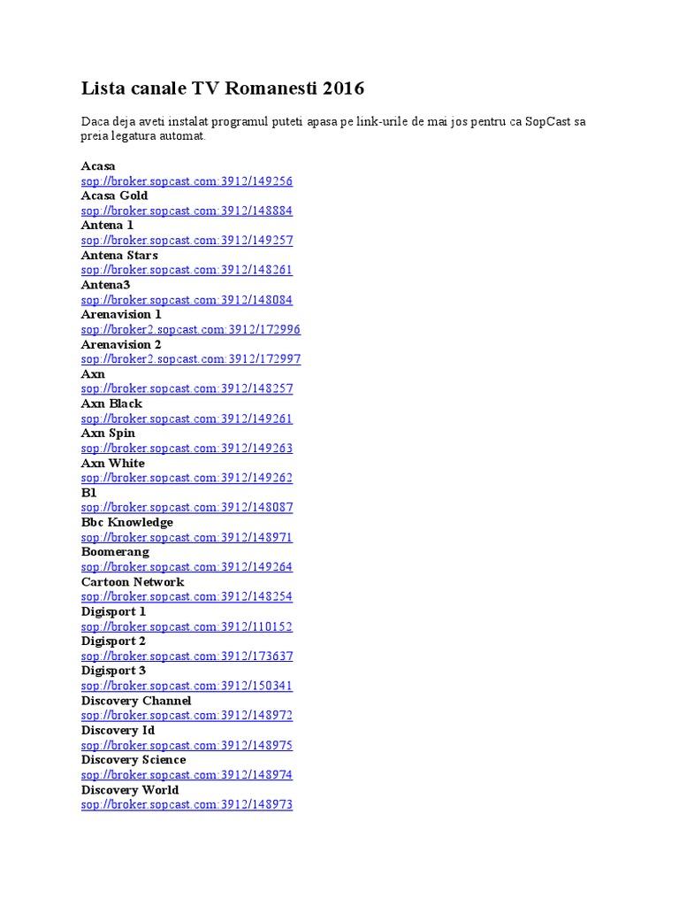 Lista Canale TV Romanesti - Sopcast | PDF