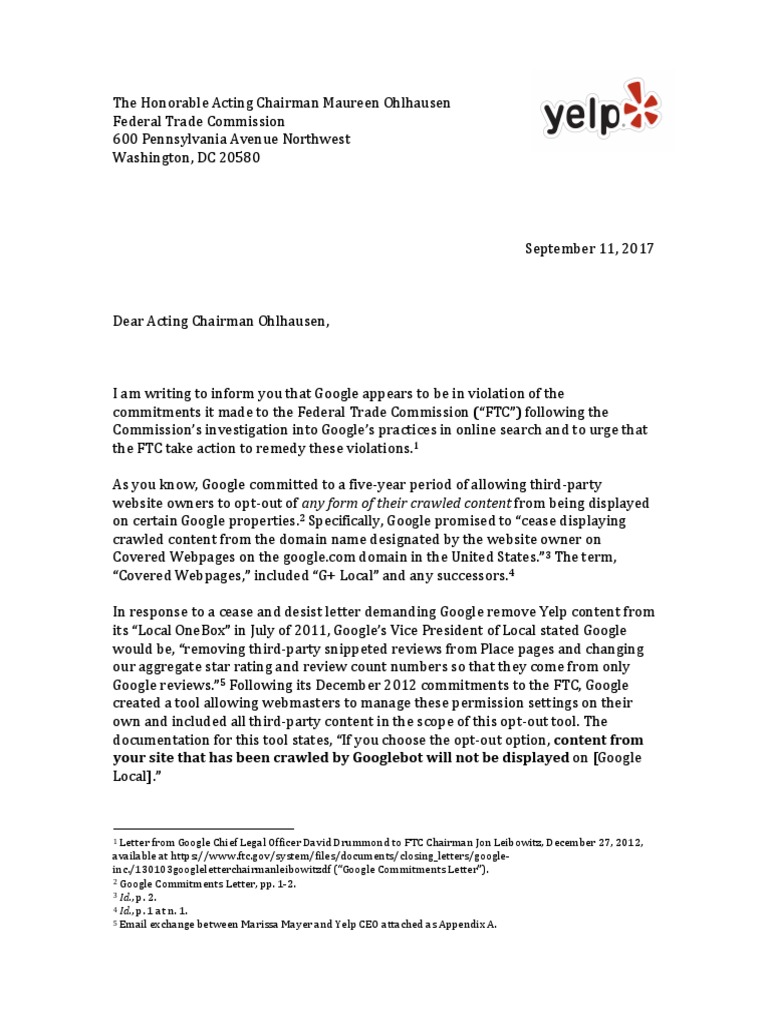 Yelp Letter To FTC Chair Maureen Ohlhausen | PDF | Federal Trade ...