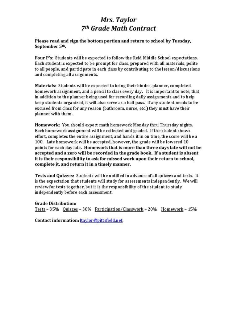 Math Contract | PDF | Homework | Education Theory