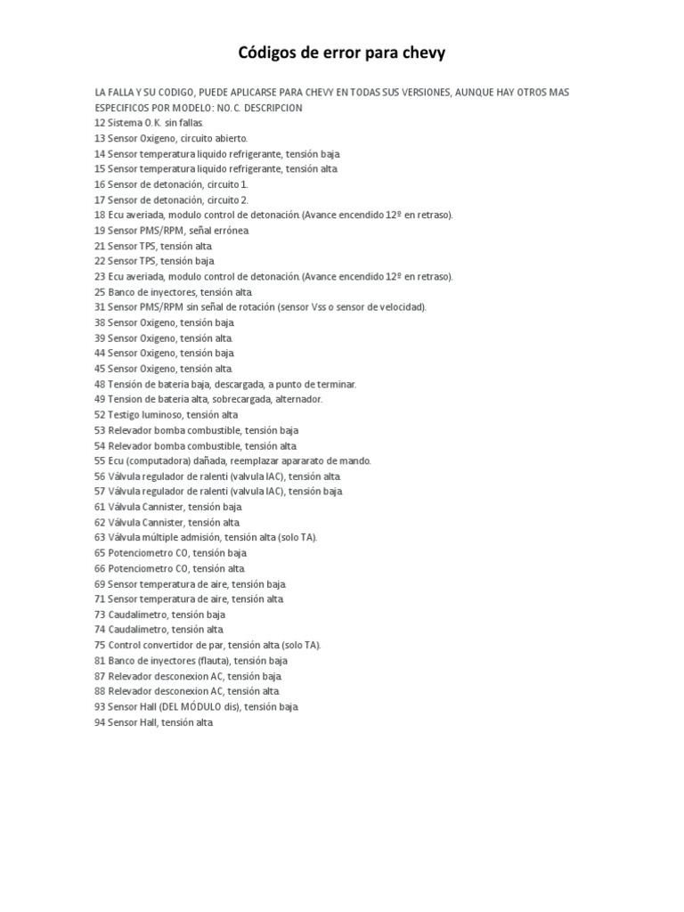 La Falla y Su Codigo CHEVY OBD1 | PDF