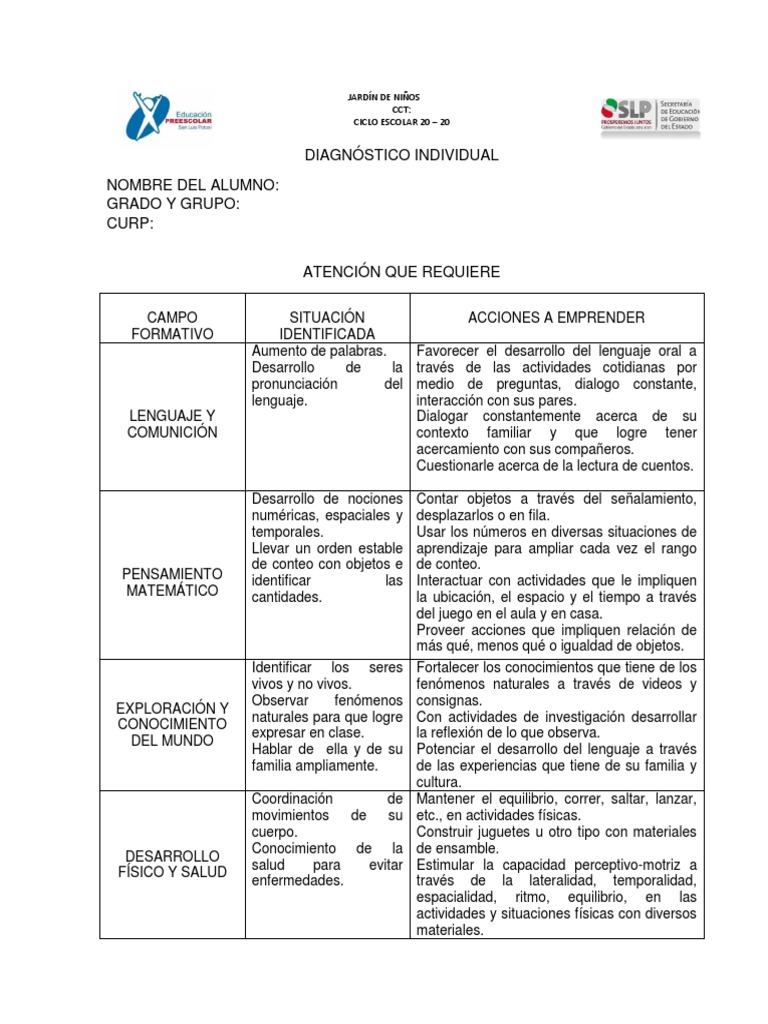 Ejemplo Diagnostico Individual en Preescolar. | Jardín de infancia ...