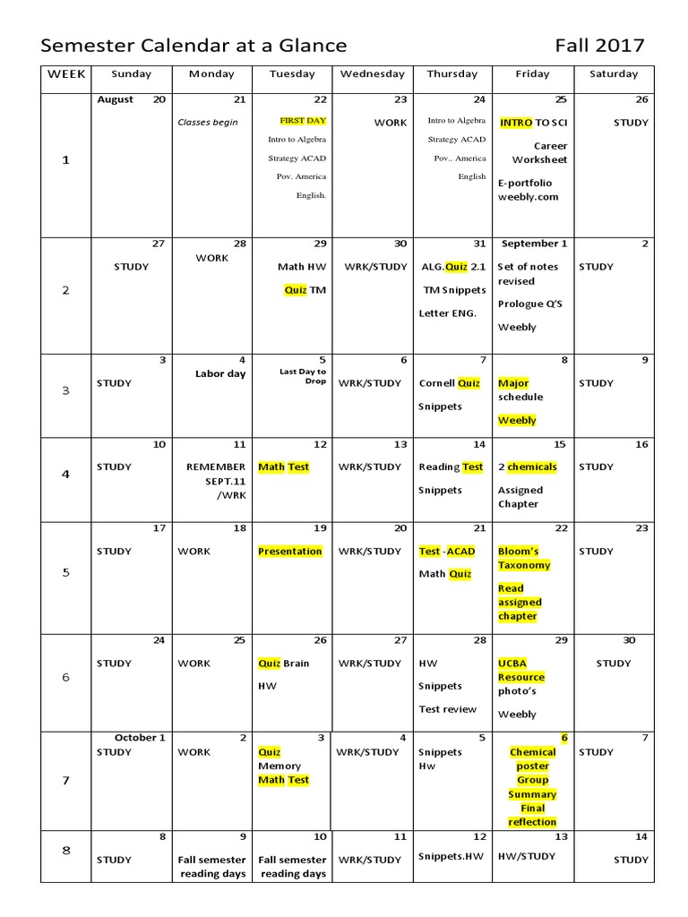 Semester Calendar Fall 2017 | PDF