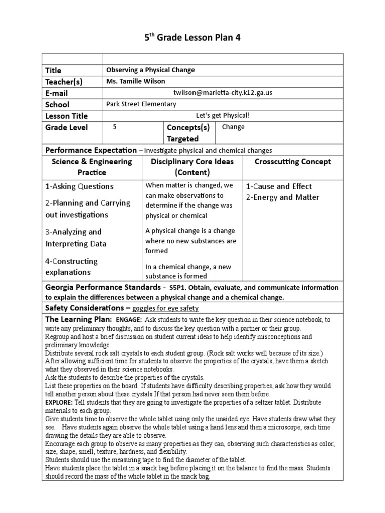 5th Grade Science Lesson 4 Physical Chemical Changes | PDF | Tablet ...