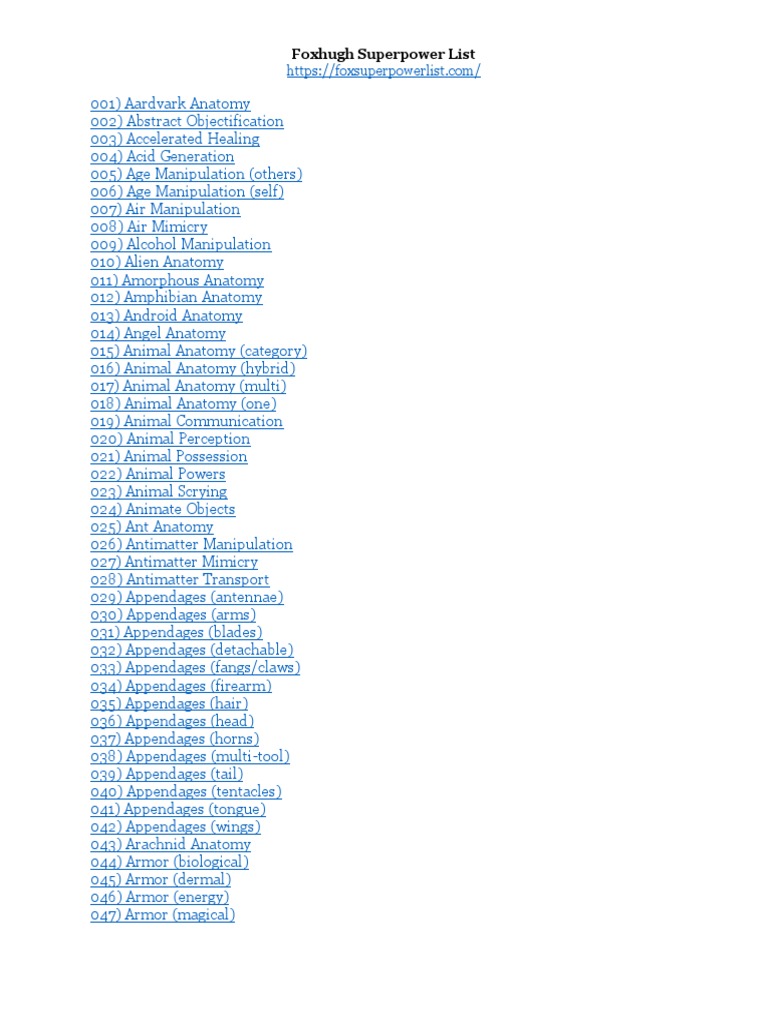 Foxhugh Superpower List Numbered | PDF | Senses | Nature