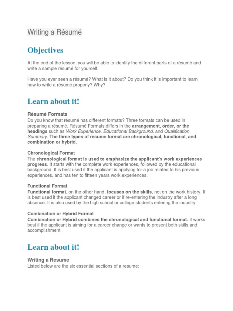 Writing a Résumé Handout (1) | Résumé | Cognition