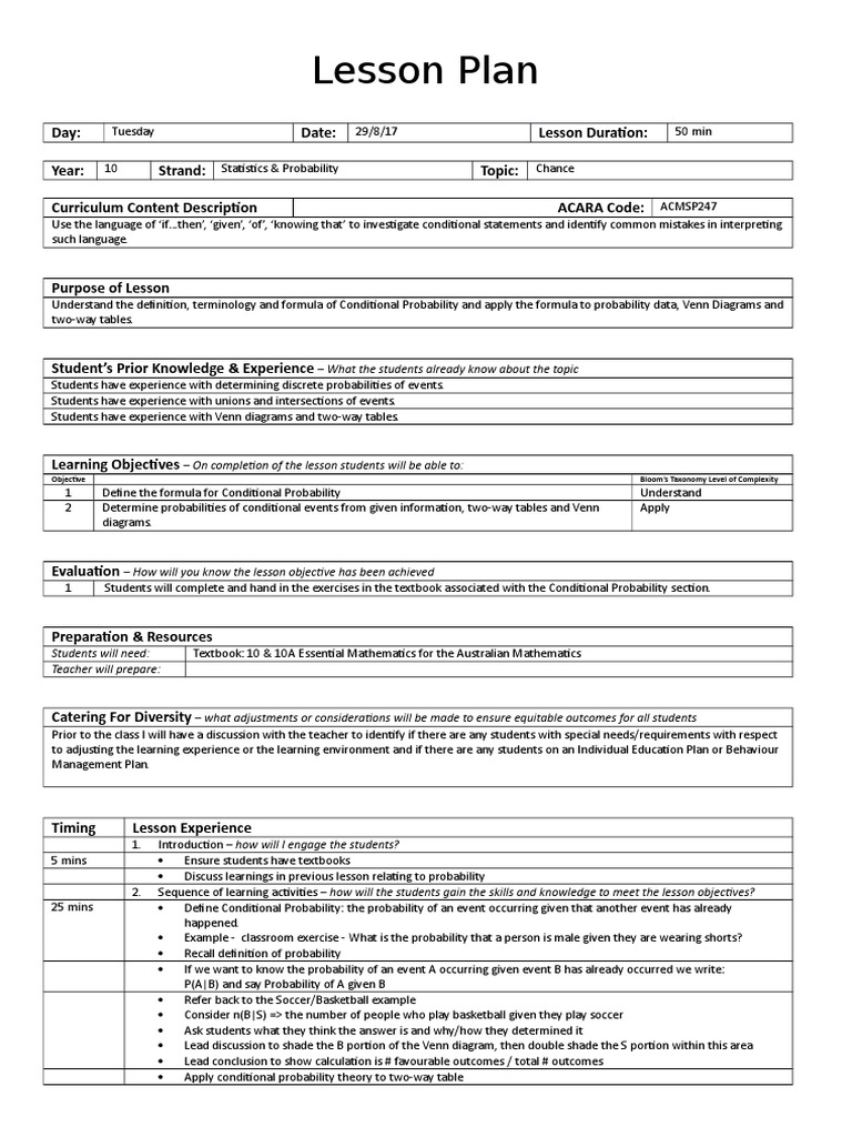 lesson plan template 20170829 conditional probability | Lesson Plan ...
