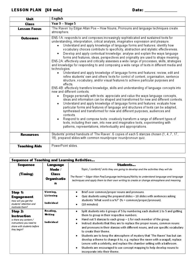 Lesson Plan (60 Min) Date | PDF | The Raven | Vocabulary