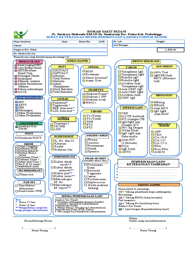 Form Pemeriksaan Lab Rizani | PDF