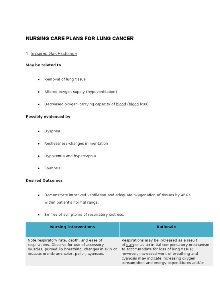 Nursing Care Plans For Lung Cancer | PDF | Pain | Respiratory System