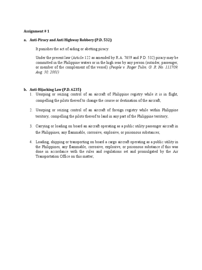 Assignment # 1 A. Anti-Piracy and Anti Highway Robbery (P.D. 532 ...
