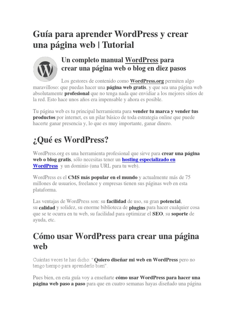 Guía para Aprender WordPress y Crear Una Página Web PDF | PDF | Word Press | Blog