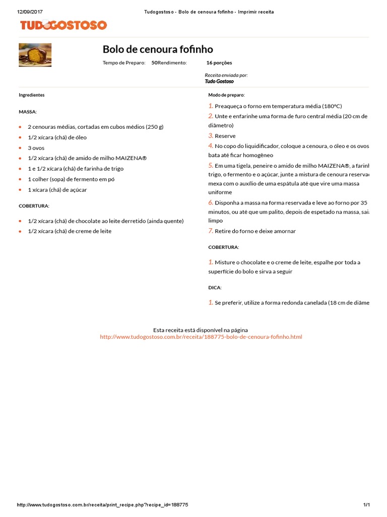 Tudogostoso - Bolo de Cenoura Fofinho - Imprimir Receita | PDF | Bolos | Chocolate