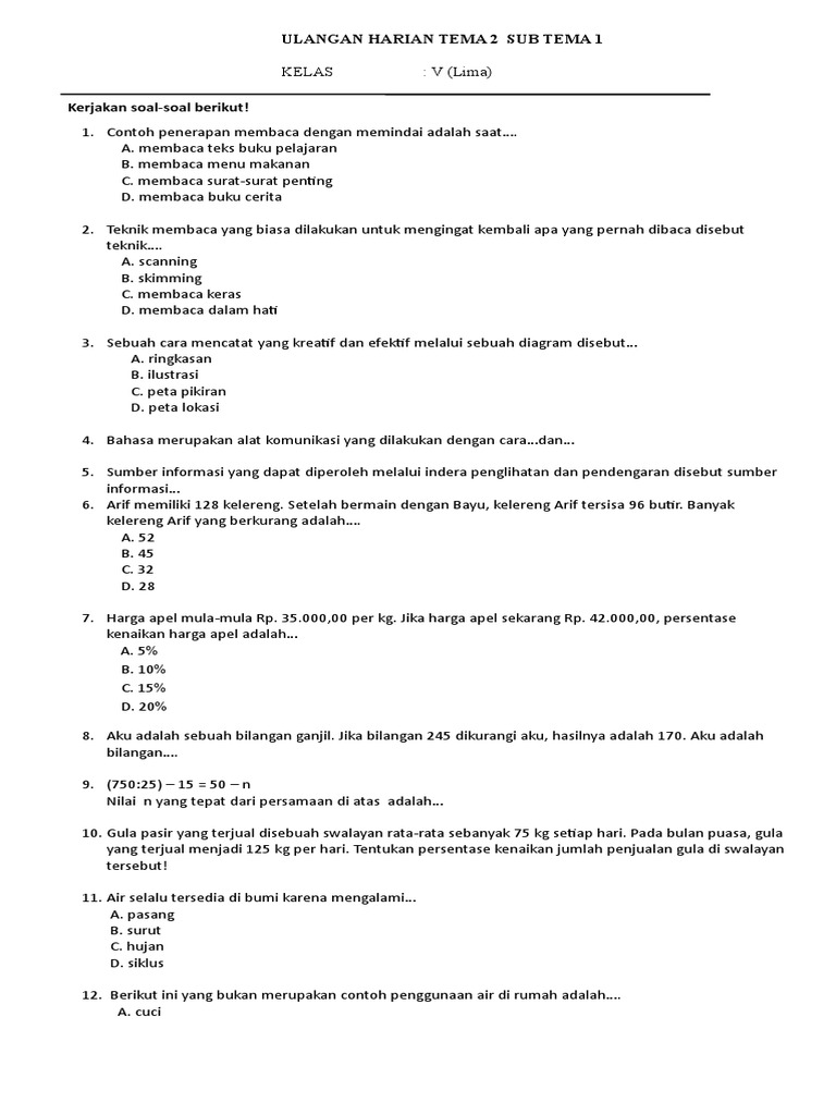 Soal Ulangan Harian Tema 2 Sub Tema 1 | PDF