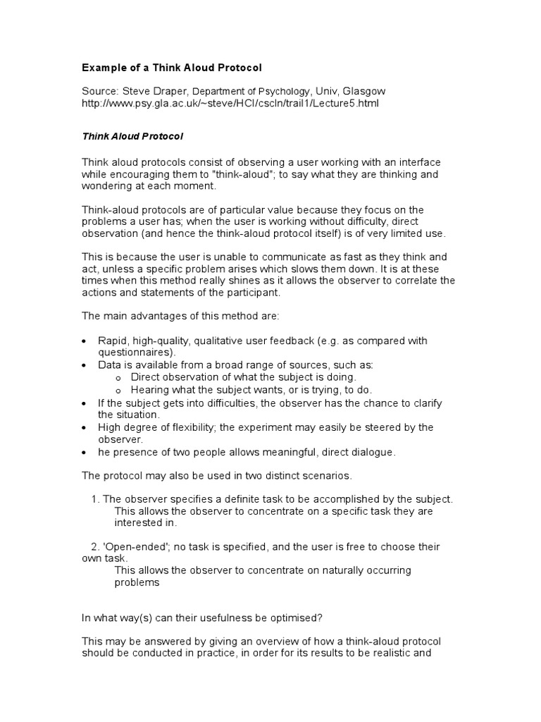 Think Aloud Protocol Example | PDF | Experiment | Communications Protocols