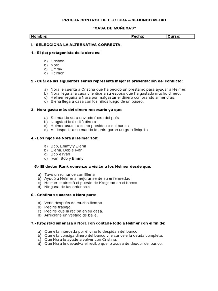Prueba de Lectura: Casa de Muñecas | PDF