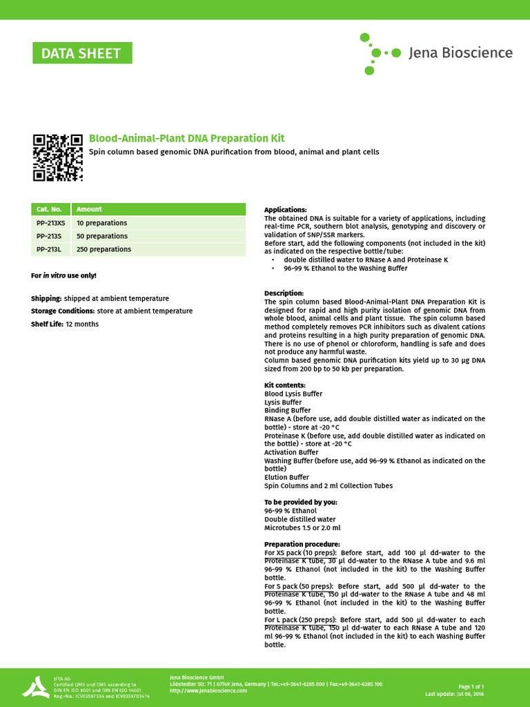 Blood-Animal-Plant DNA Preparation Kit Jena Bioscience | PDF | Centrifuge | Polymerase Chain ...