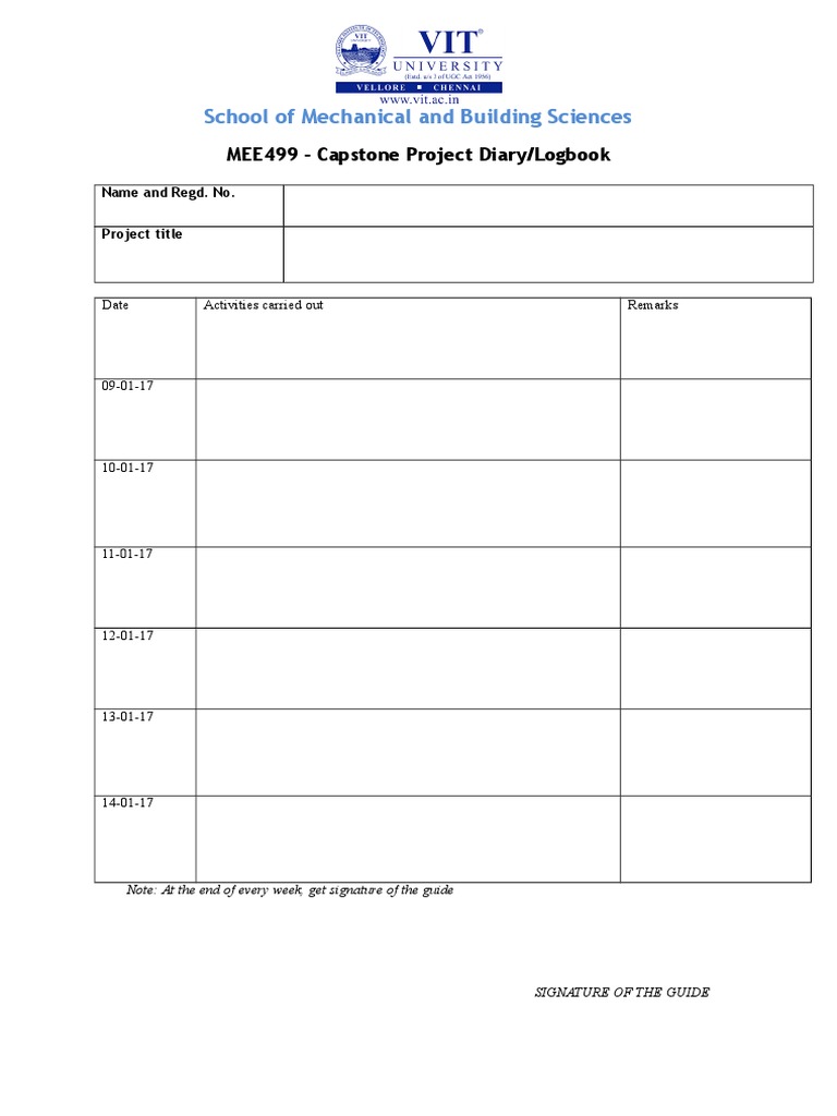MEE499 Capstone Project Diary Log | PDF