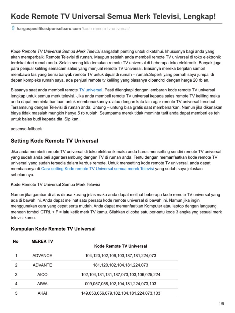 Kode Remote TV Universal Semua Merk Televisi Lengkap | PDF
