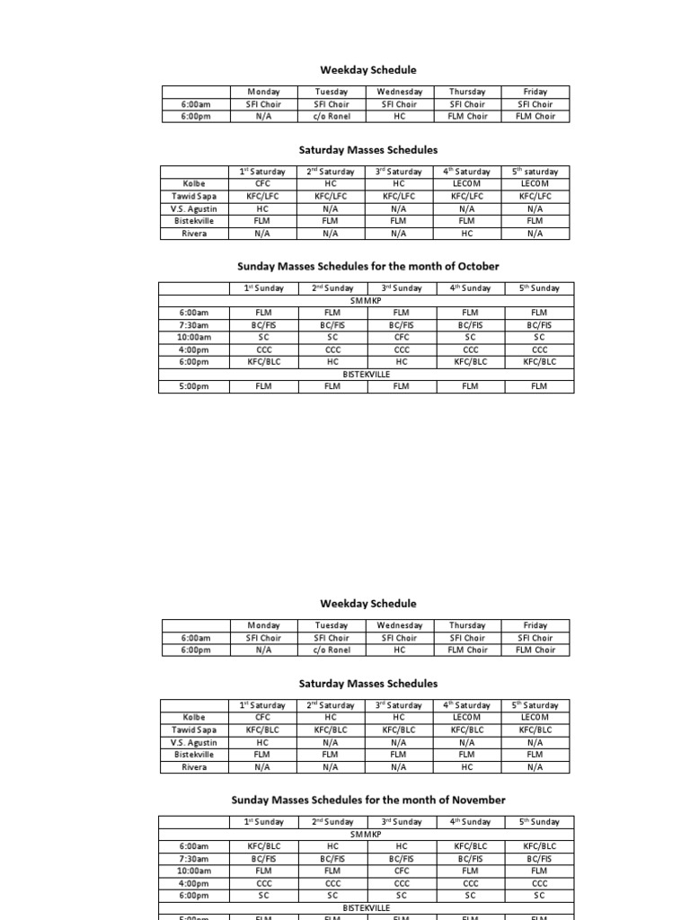 Weekday Schedule: ST ND RD TH TH | PDF | Workweek And Weekend | Business