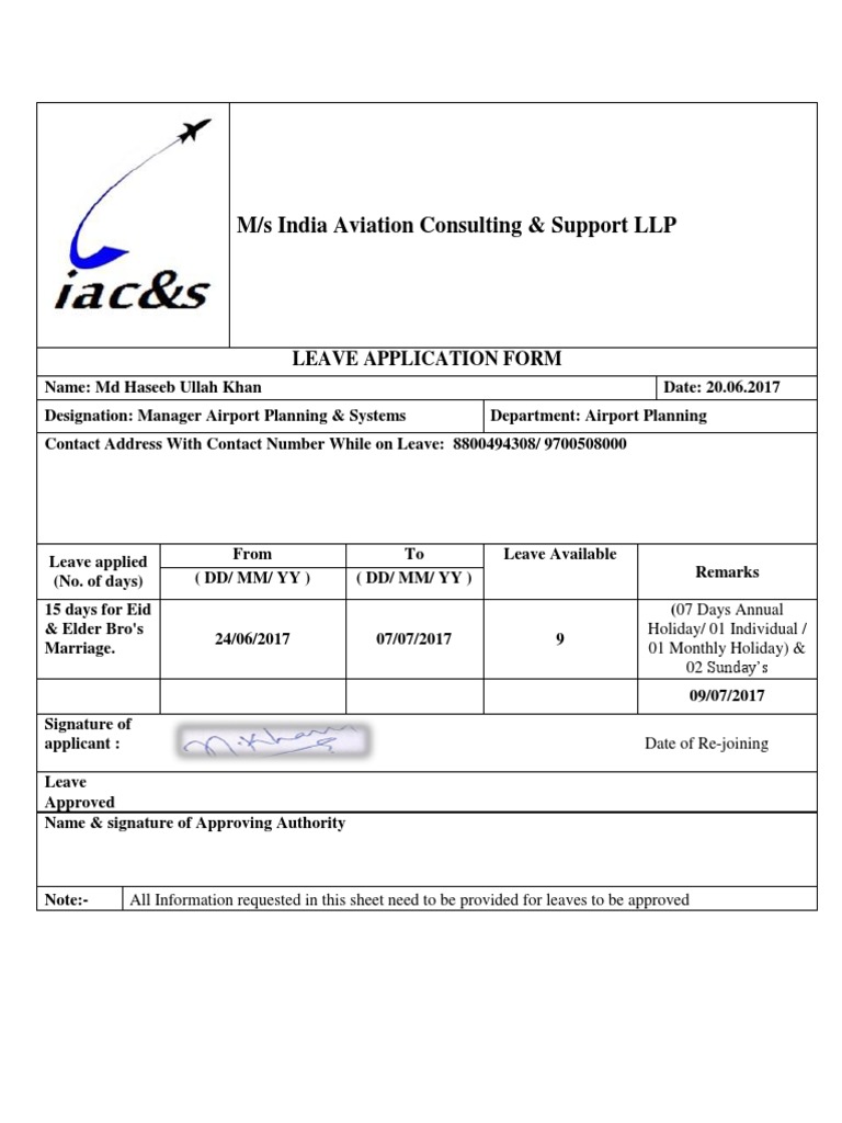 M/s India Aviation Consulting & Support LLP: Leave Application Form | PDF