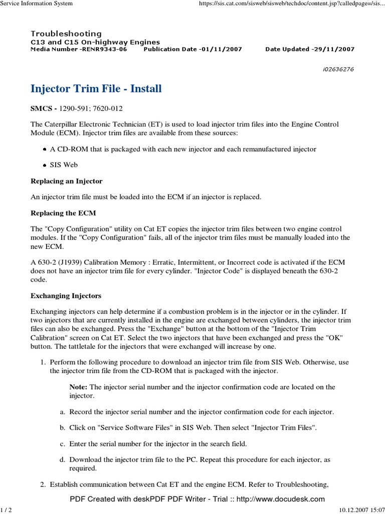Injector Trim File - Install SMCS-1290-591 - I02636276 | PDF | Fuel ...