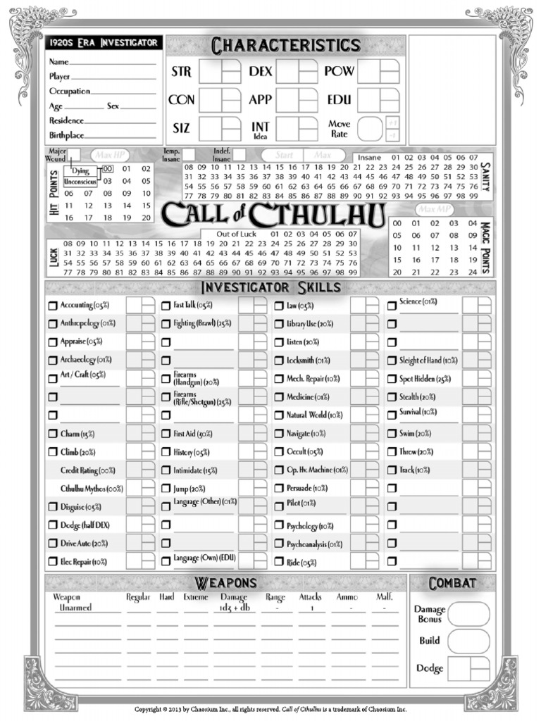 Character Sheet - Base - Call of Cthulhu 7th Ed PDF | PDF