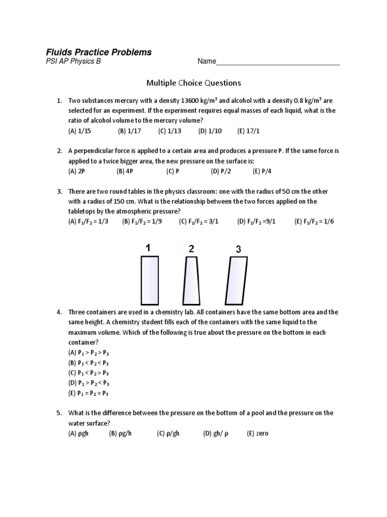 Fluids Practice Problems 2009-05-13 | PDF | Buoyancy | Pressure