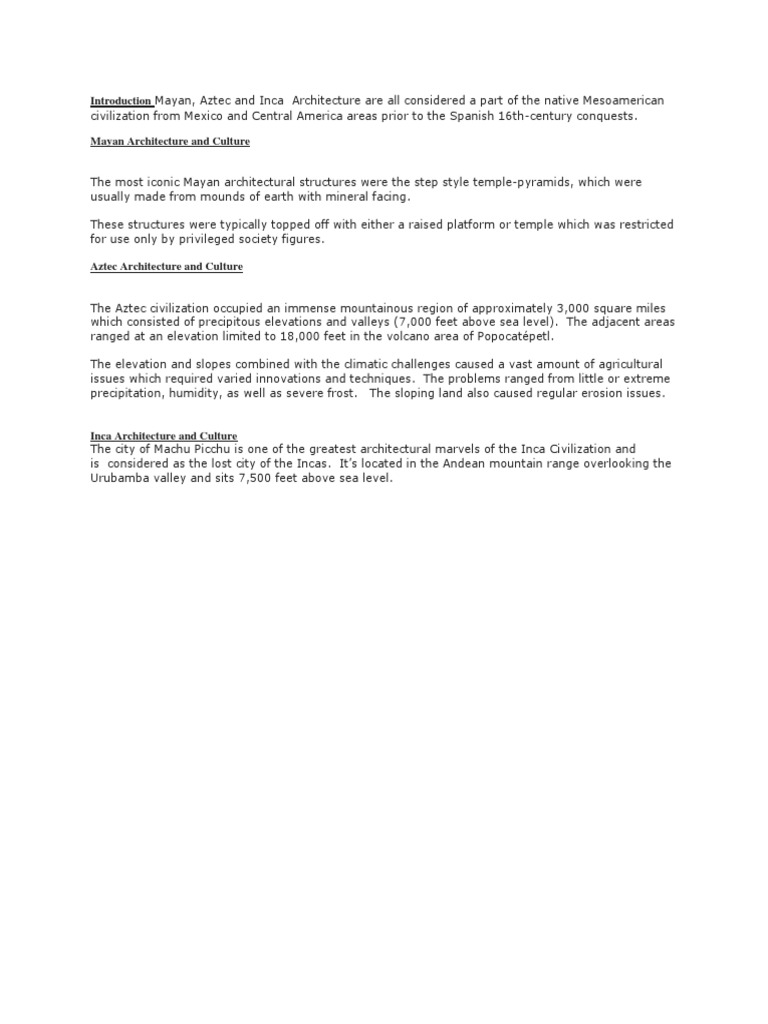 Introduction Mayan, Aztec and Inca Architecture Are All Considered A ...