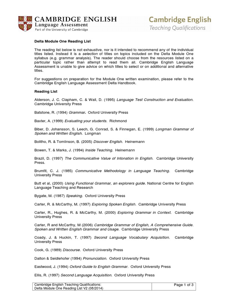Delta Module One Reading List | PDF | Language Education | English Language