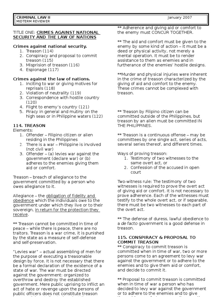 Philippine Revised Penal Code Book 2 - Midterm Reviewer | PDF | Treason ...
