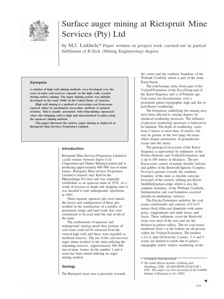 Auger Mining | PDF | Coal Mining | Mining